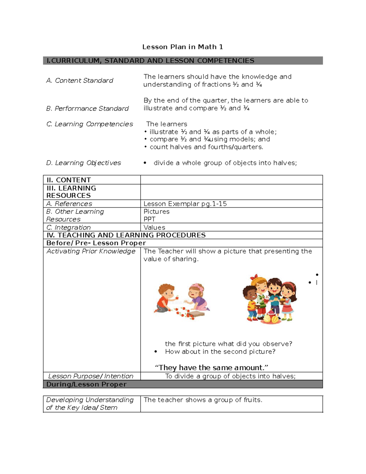 Daily Lesson Plan for Math 1: Understanding Fractions ½ and ¼ - Studocu
