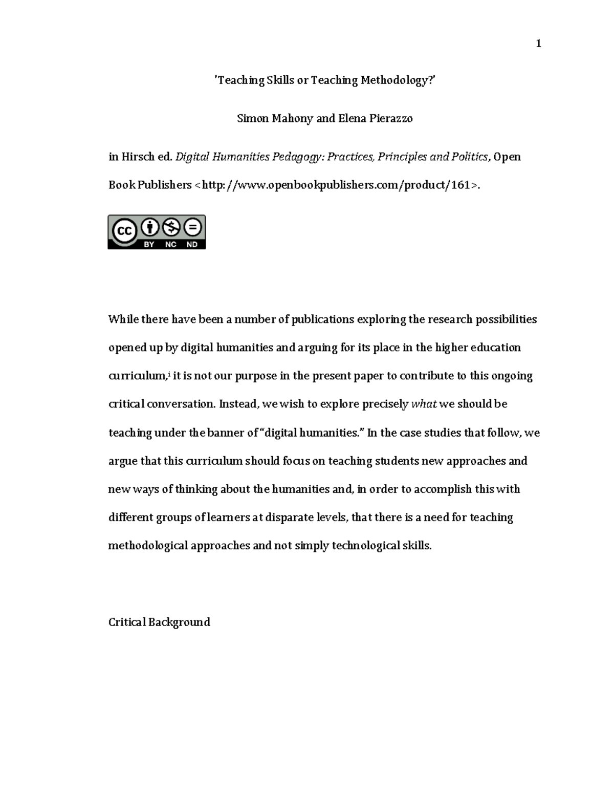 Teaching Methodologies in Digital Humanities: Mahony & Pierazzo ...