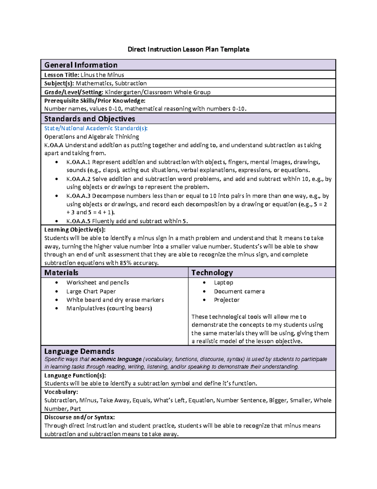 LMM2 Task 1 - Direct Instruction Lesson Plan: Linus the Minus in Math ...