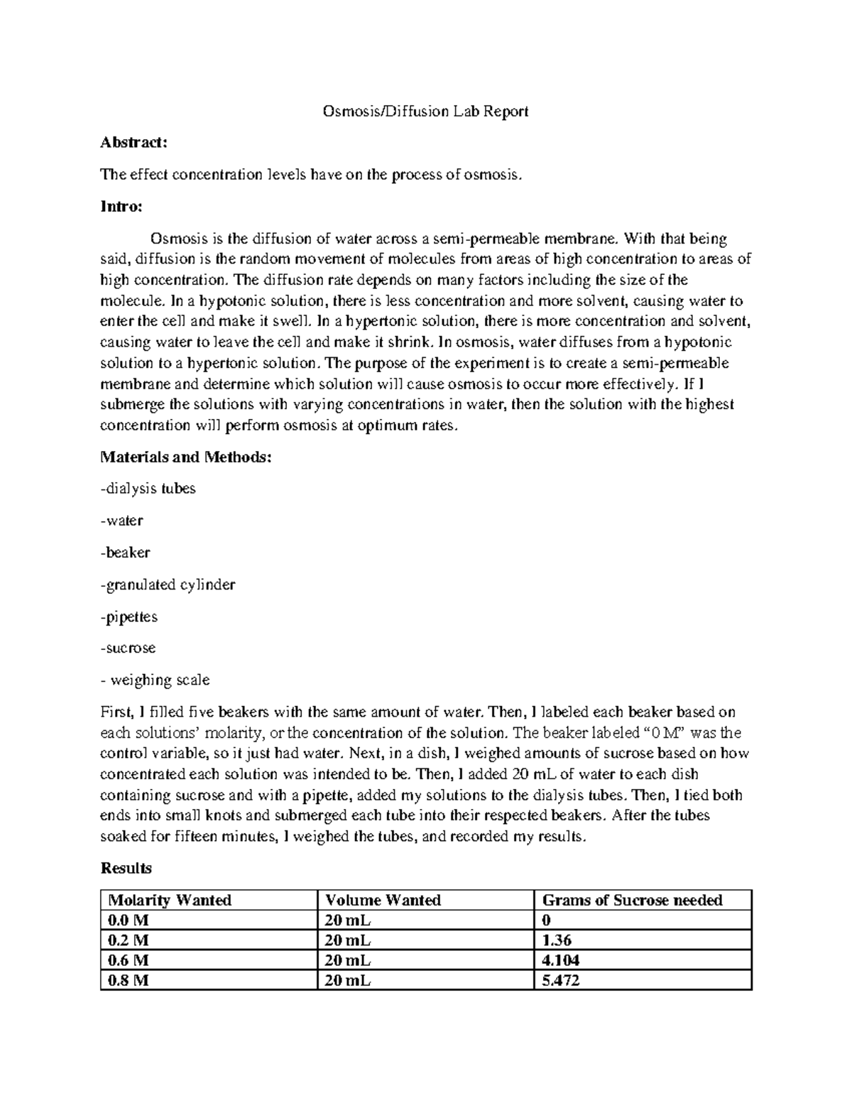 Osmosis Lab Report Final Draft - Osmosis/Diffusion Lab Report Abstract: The effect concentration ...