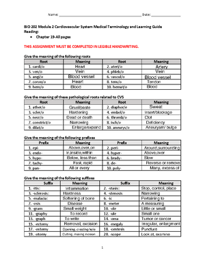 BIO 202 Module 1 Circulatory System Medical Terminology and Learning ...