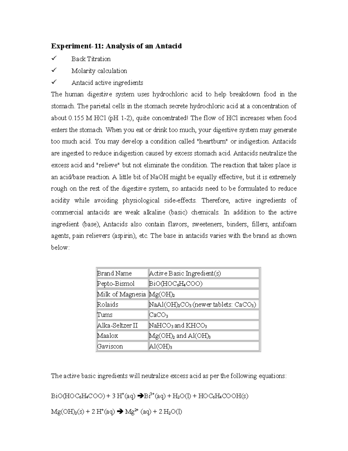 11Analysis of an Antacid - Experiment-11: Analysis of an Antacid Back ...