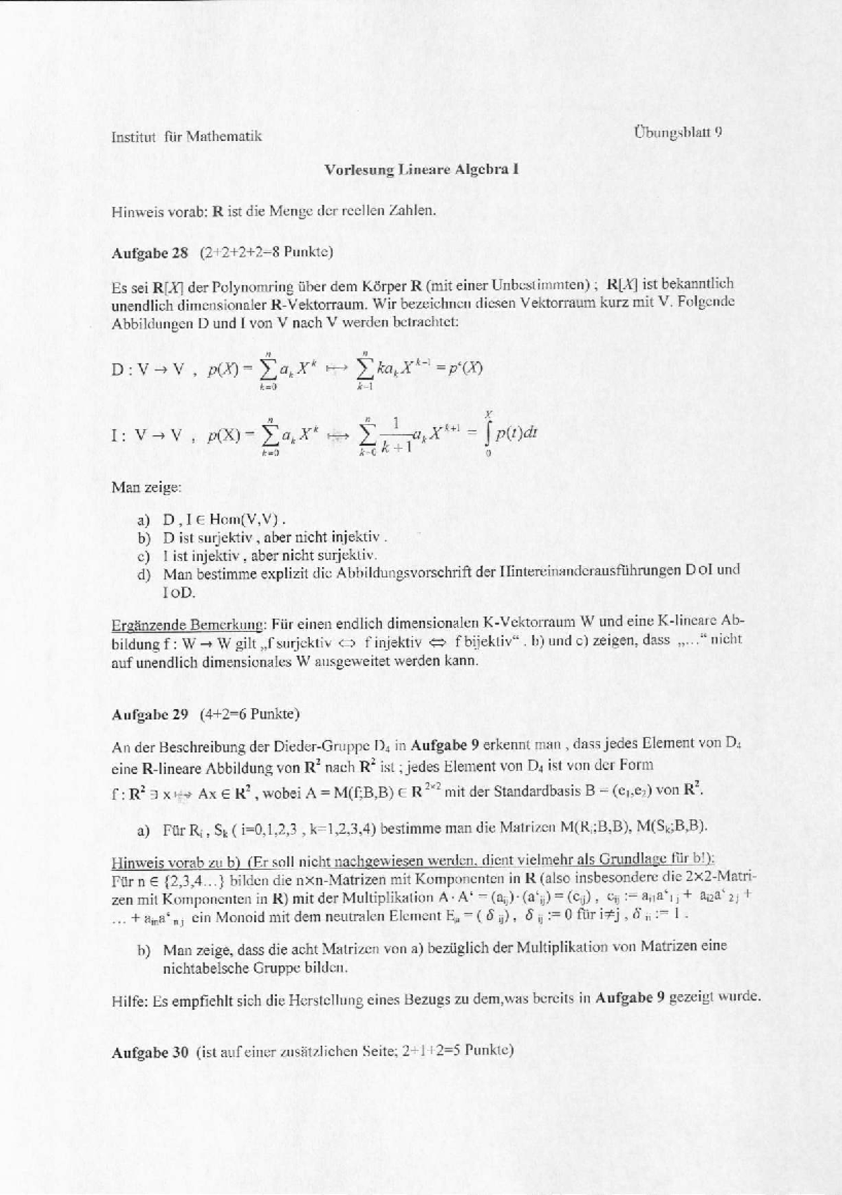 V Lineare Algebra I Übungsblatt 9: Polynomring und Abbildungen - Studocu