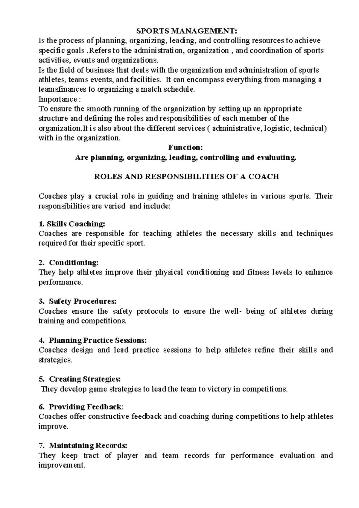 Sports Management 2024: Roles, Responsibilities, and Functions - Studocu