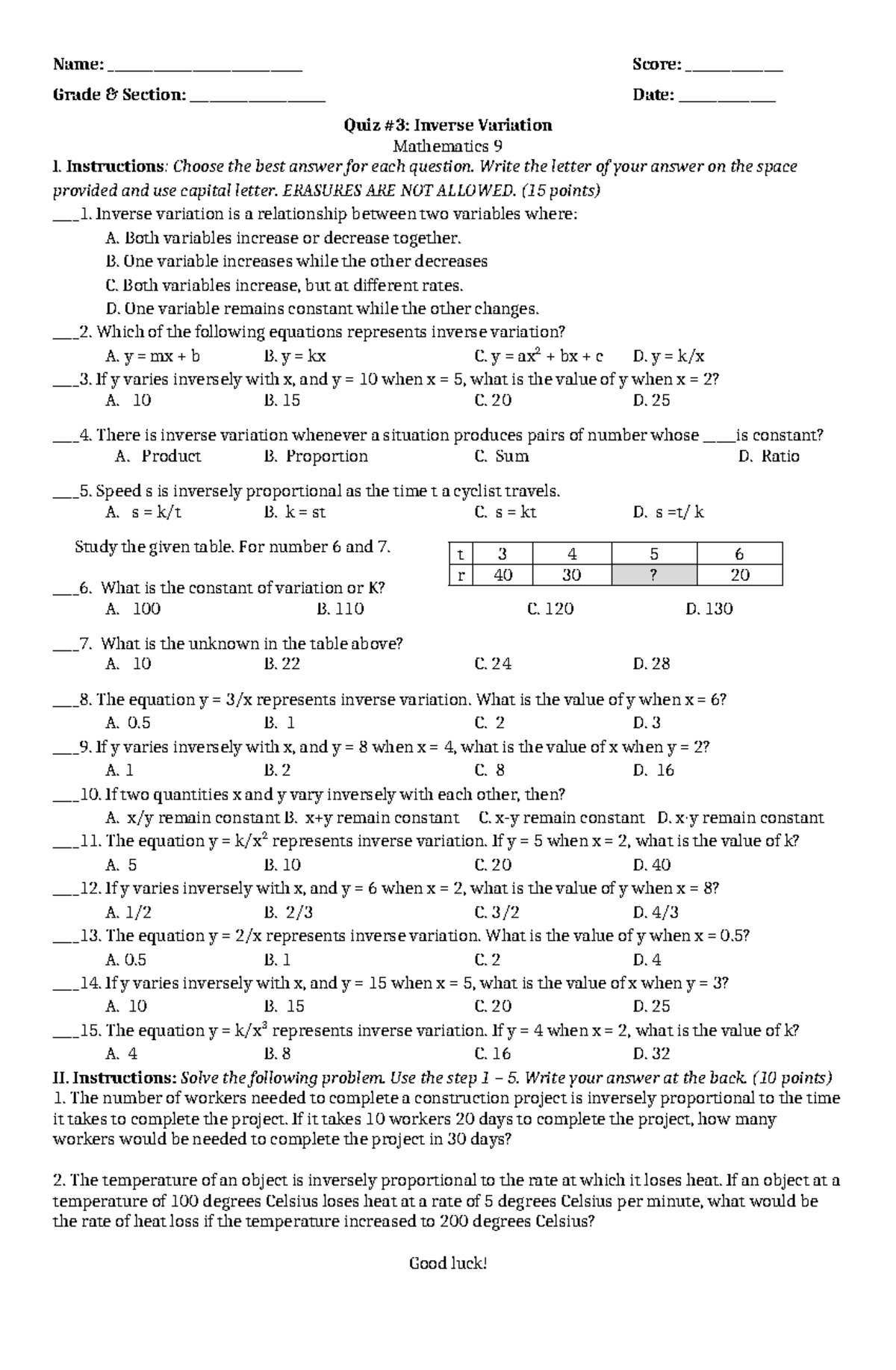 Q2 Mathematics 9: Quiz on Inverse Variation Concepts - Studocu
