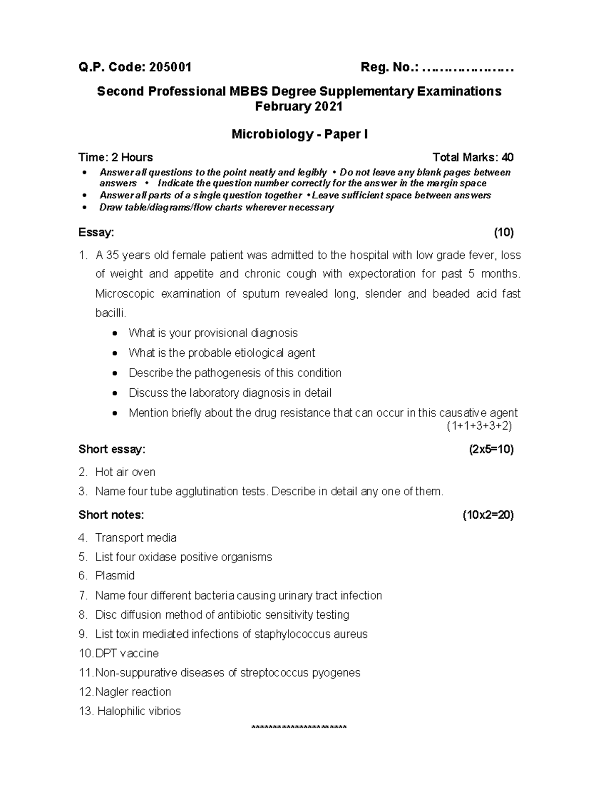 205001 - Microbiology Paper I Supplementary Exam February 2021 - Studocu