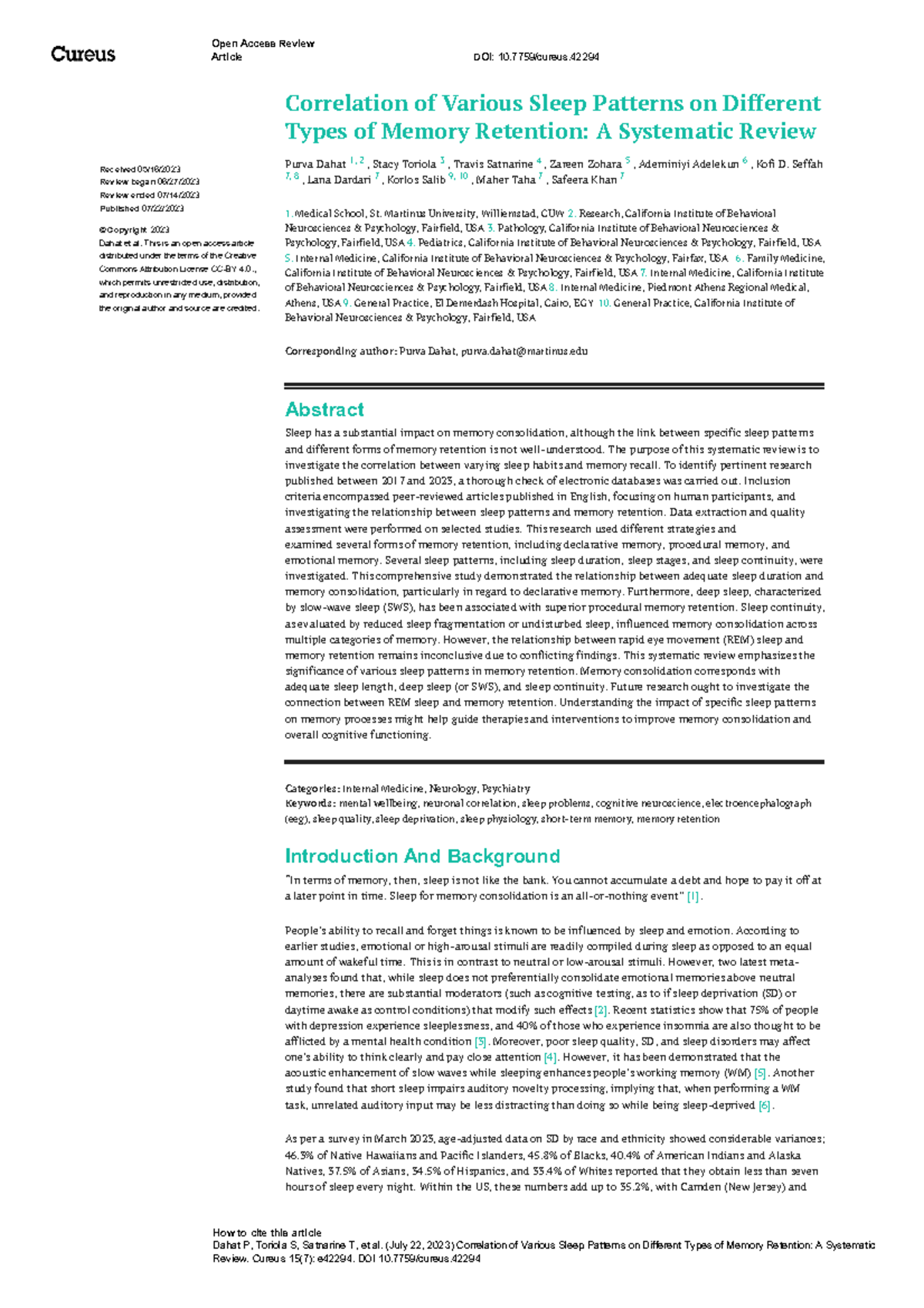 Correlation of Sleep Patterns and Memory Retention: A Systematic Review ...
