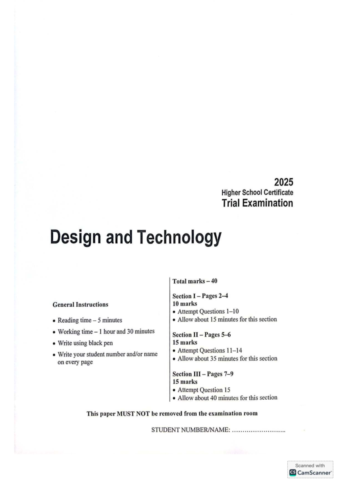 2025 HSC Design & Technology Trial Exam Paper: Total Marks 40 - Studocu