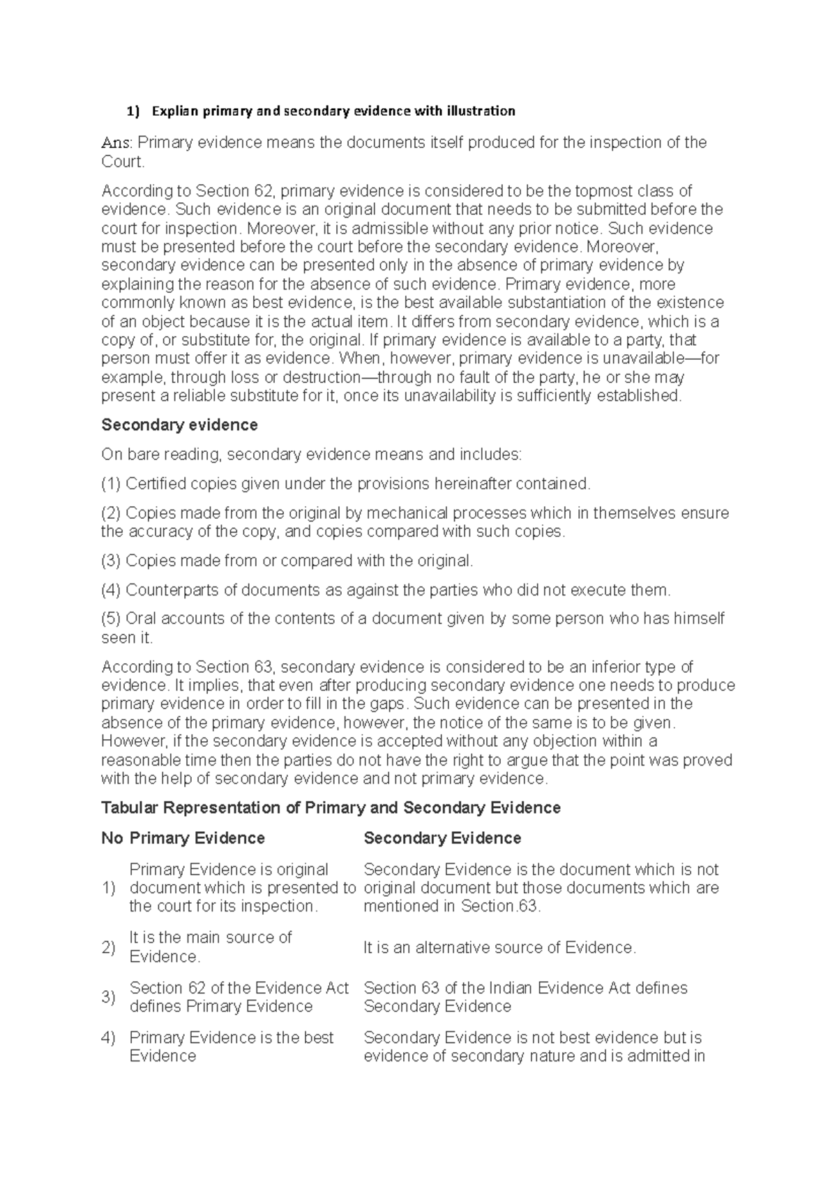 Evidence Act: Q&A on Primary & Secondary Evidence Concepts - Studocu