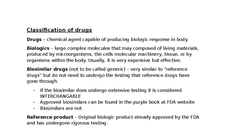 Drug Classification and Biologics Overview - Practice Notes - Studocu