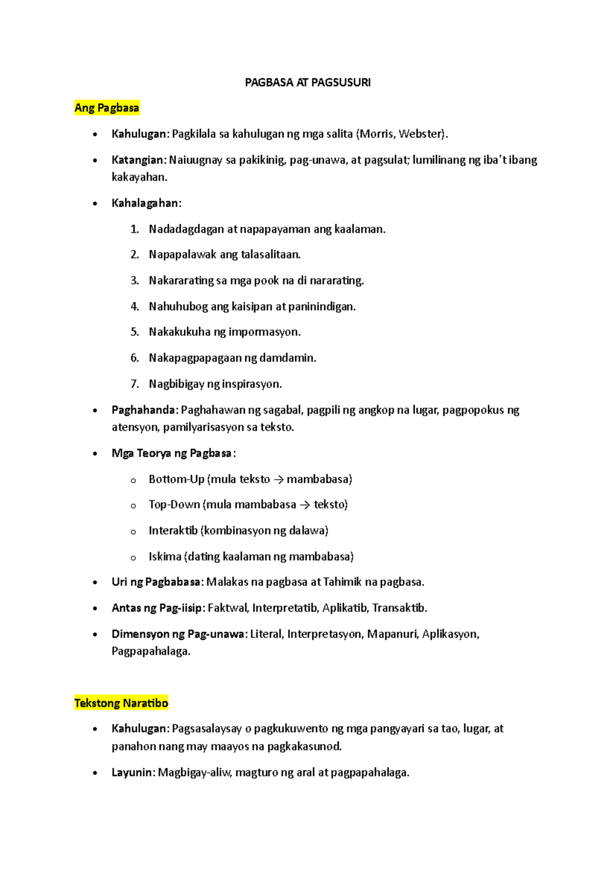 PAGBASA AT PAGSUSURI: Kahulugan at Kahalagahan ng Pagbasa - Studocu