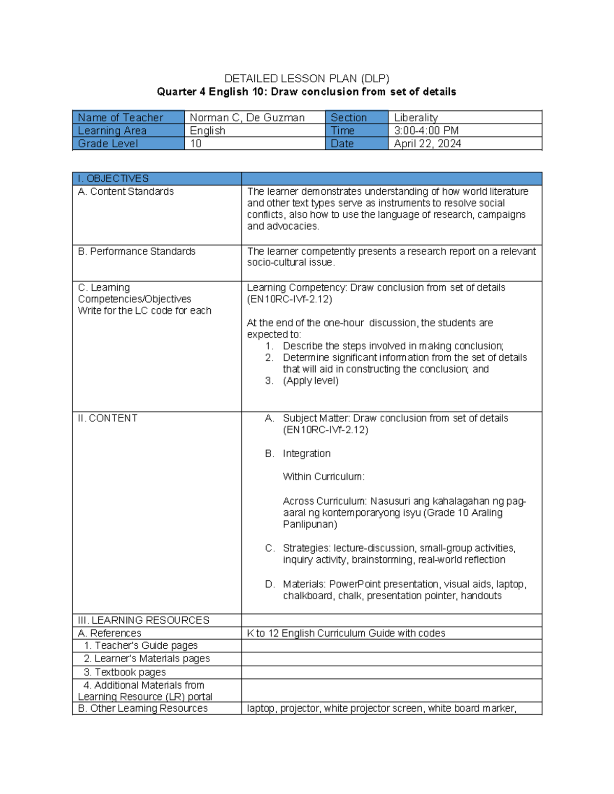 Detailed Lesson Plan: Drawing Conclusions in English 10 (DLP) - Studocu