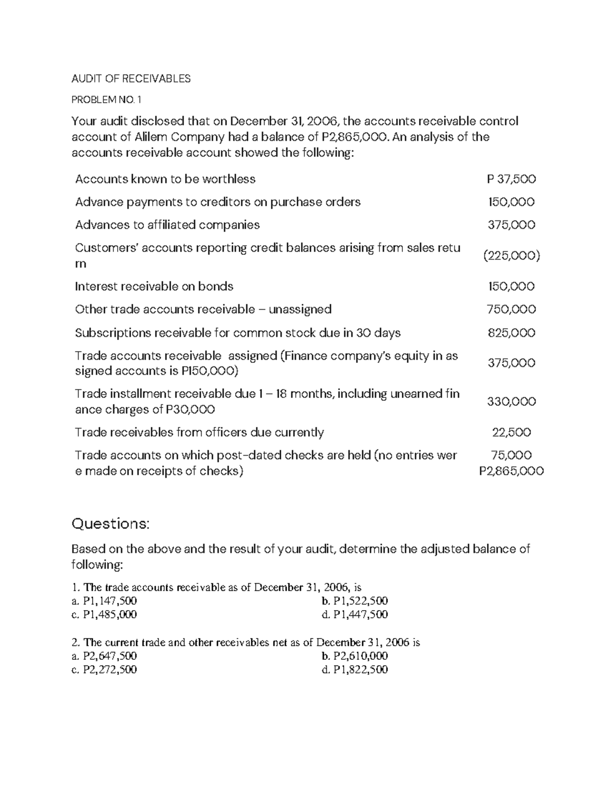 AUDIT OF RECEIVABLES PROBLEM NO. 1 - 2006 Analysis and Adjustments ...