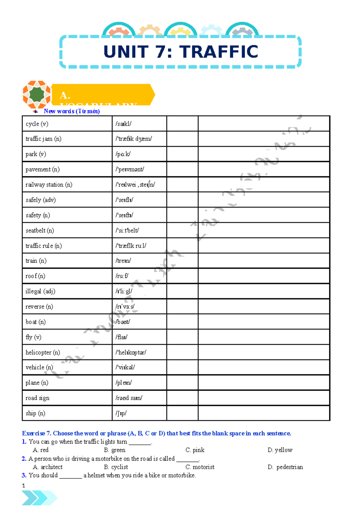 Unit 7 (HS) - Vocabulary and Exercises on Traffic Rules and Safety ...