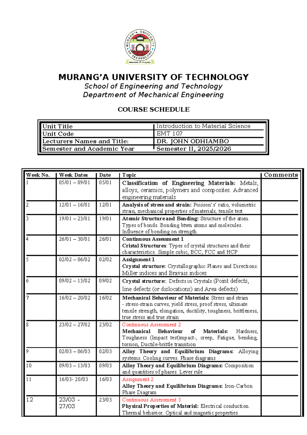 EMT 107 Course Schedule: Introduction to Material Science - Semester II ...