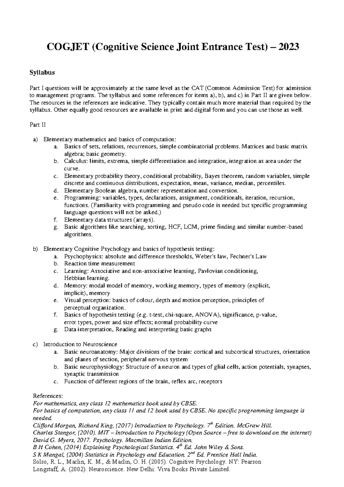 COGJET 2023 Syllabus Overview for Cognitive Science Entrance Test - Studocu