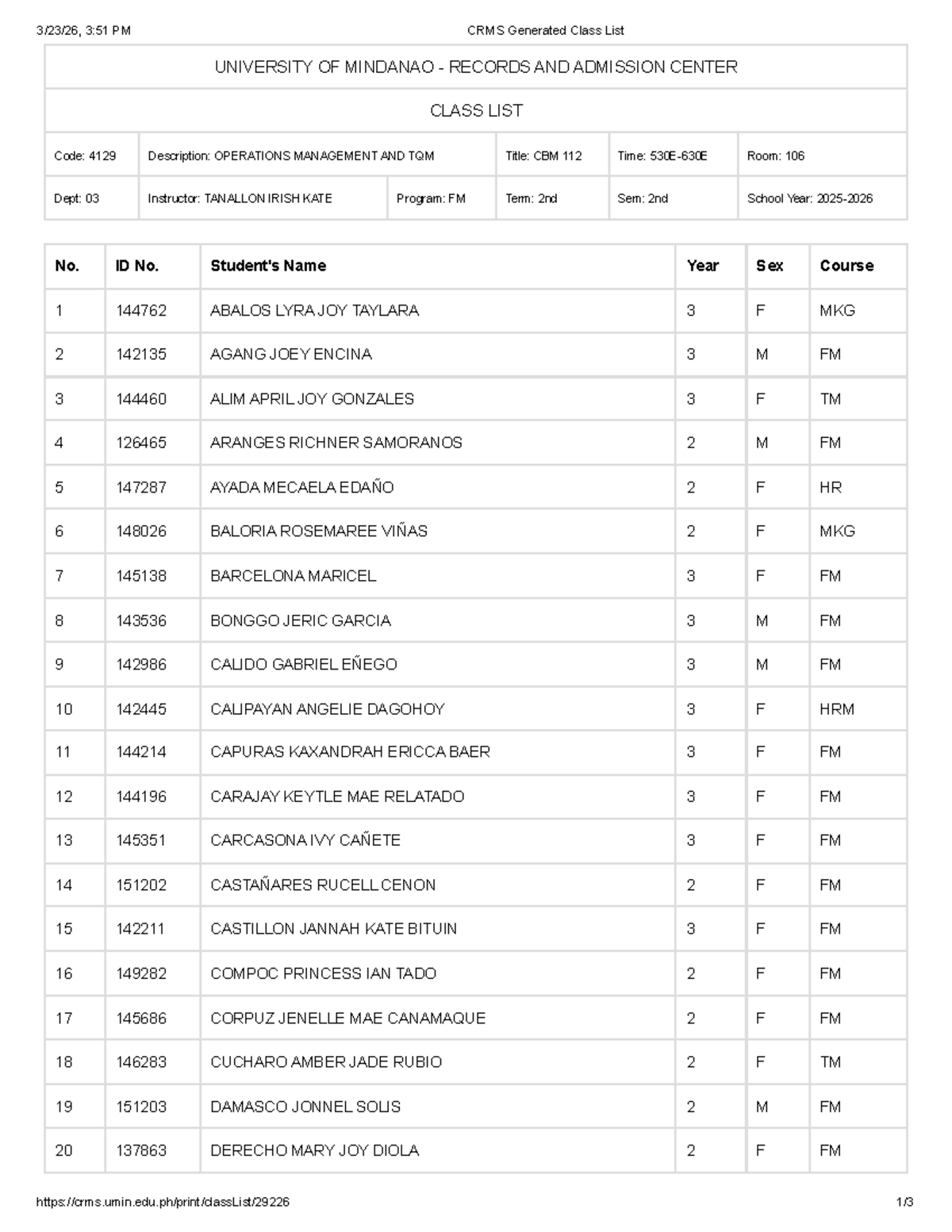 CBM 112 Class List for Operations Management (Code: 4129) - Studocu