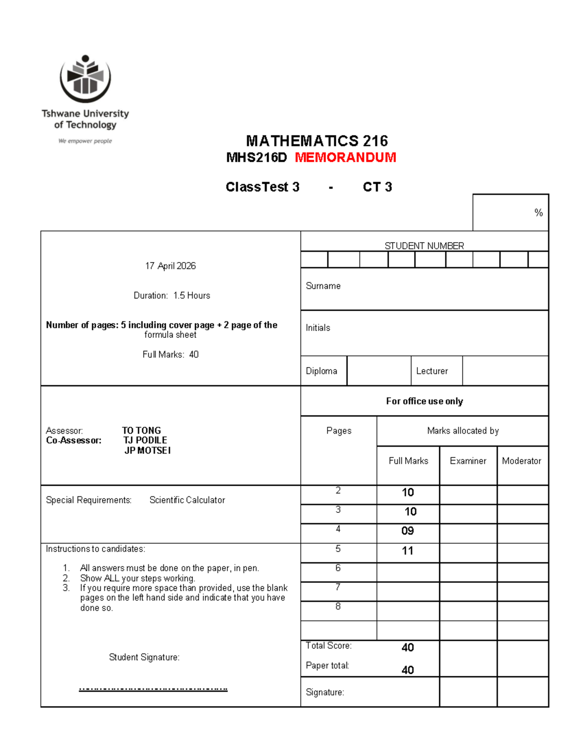 MHS216D Class Test 3 Memo - Mathematics 216 April 2026 - Studocu