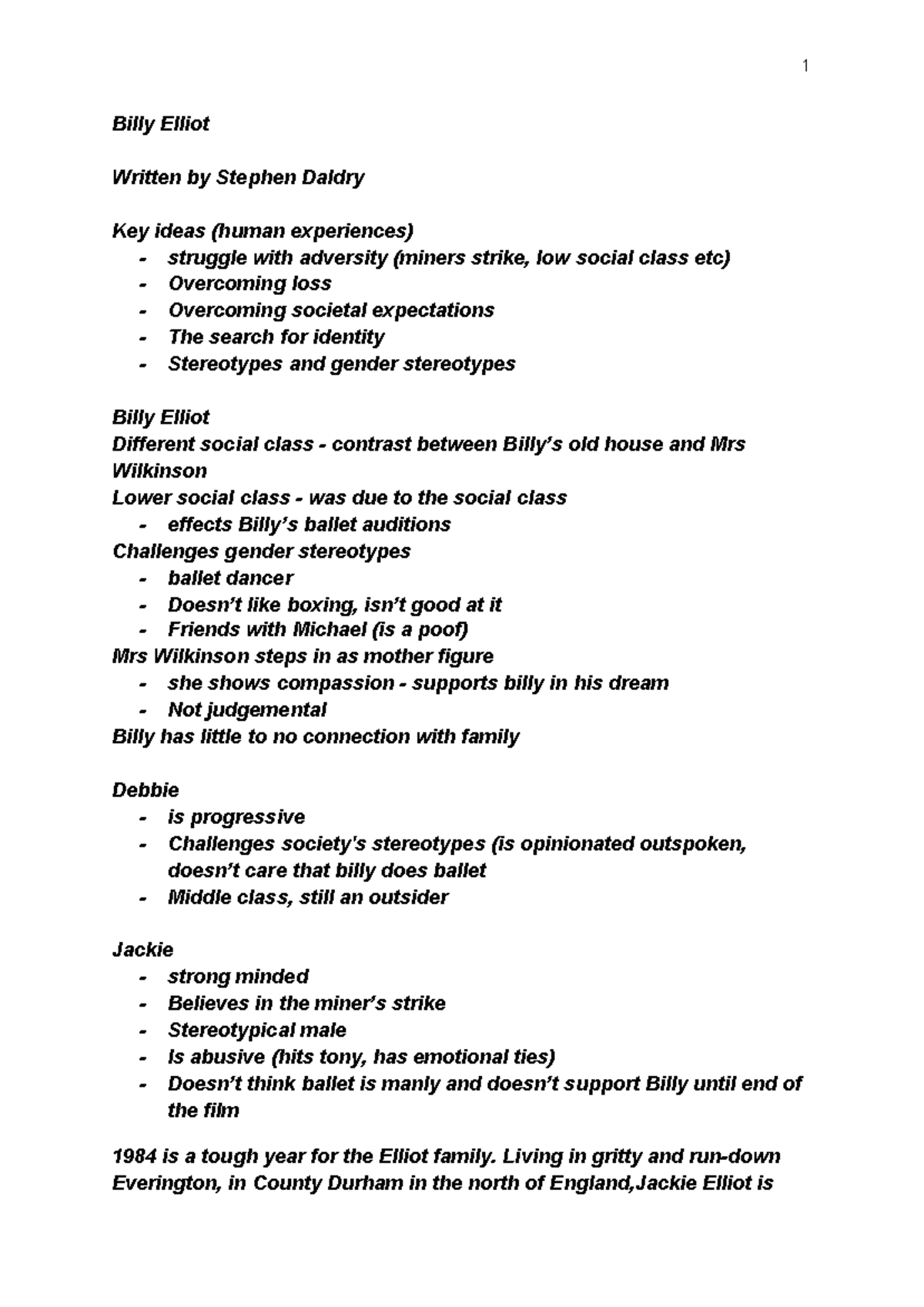 Billy Elliot: Human Experiences, Quotes, Techniques & Analysis (ENG101 ...