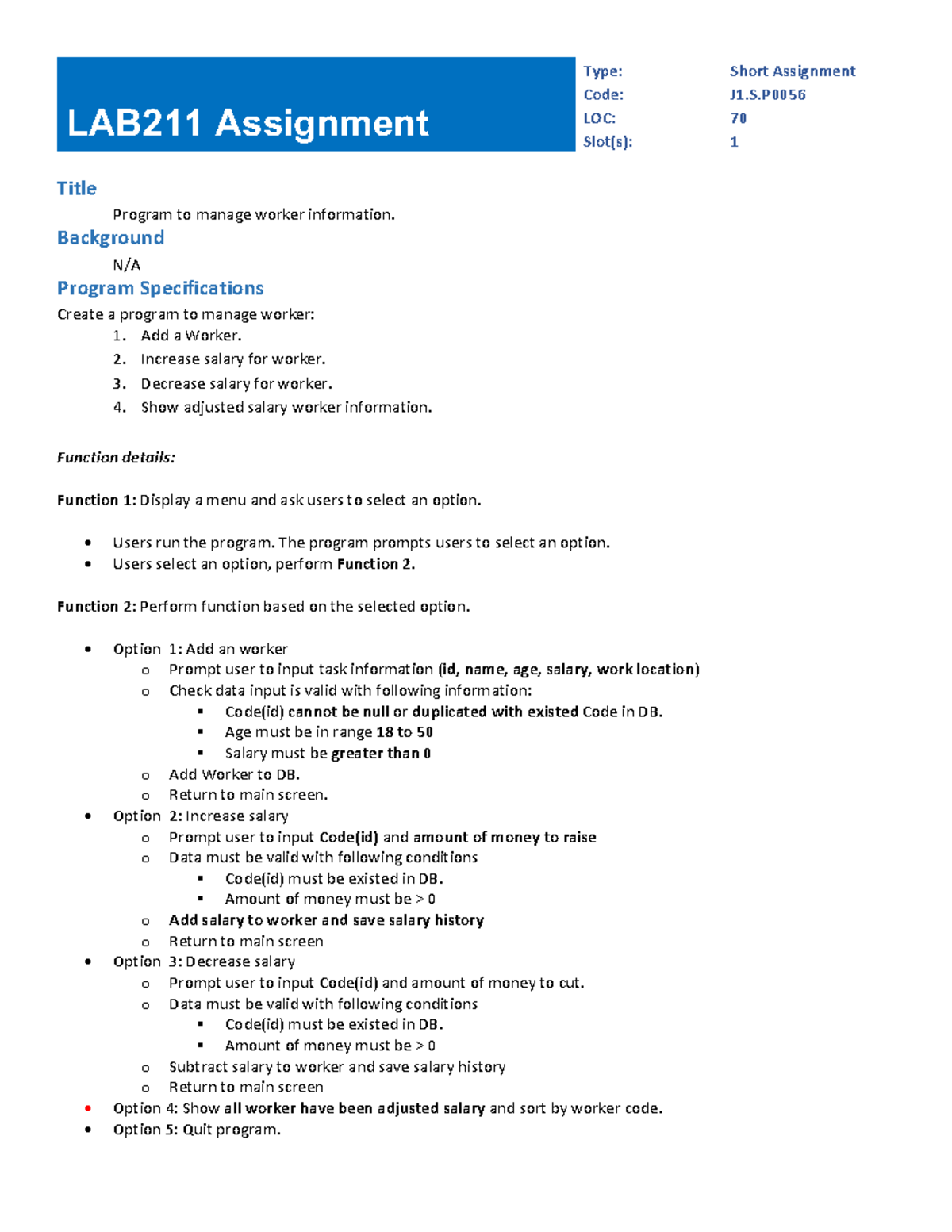 LAB 211 J1.S Short Assignment: Worker Info Management Program - Studocu