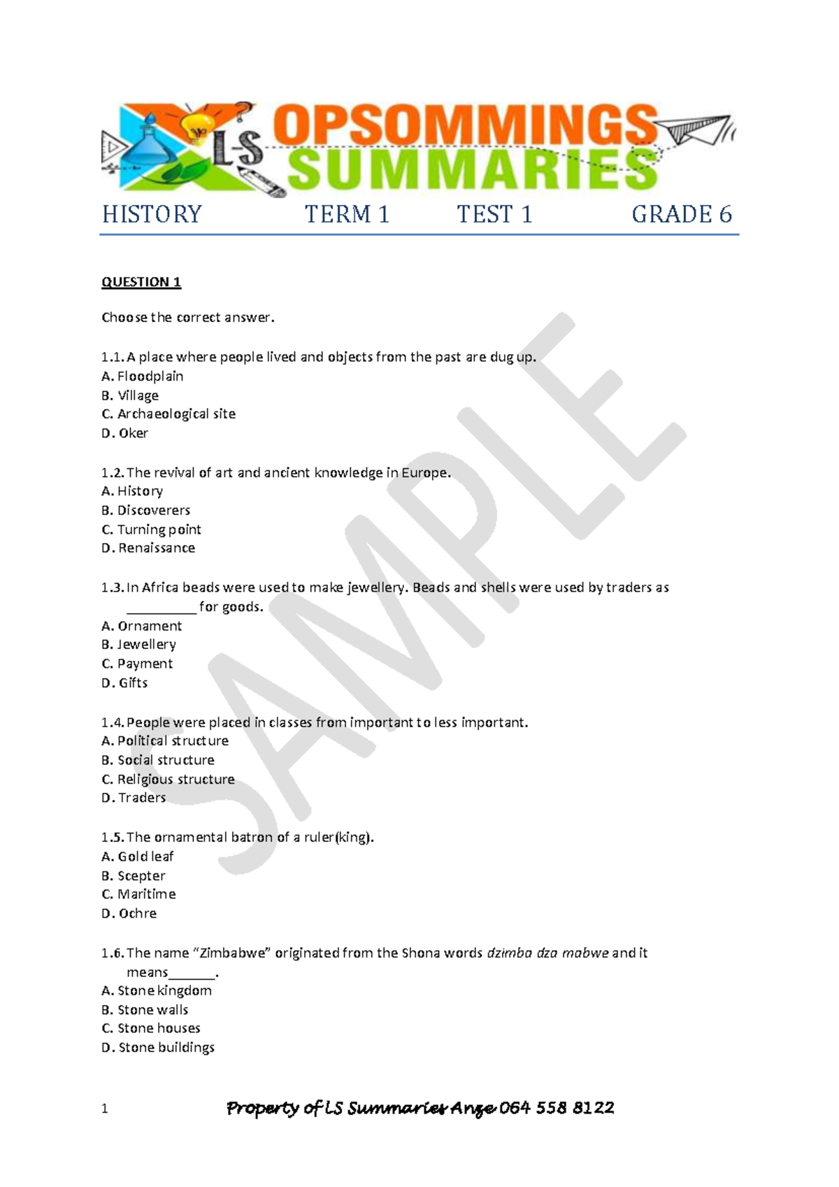 HISTORY GRADE 6 TERM 1 TEST QUESTIONS AND ANSWERS - Studocu