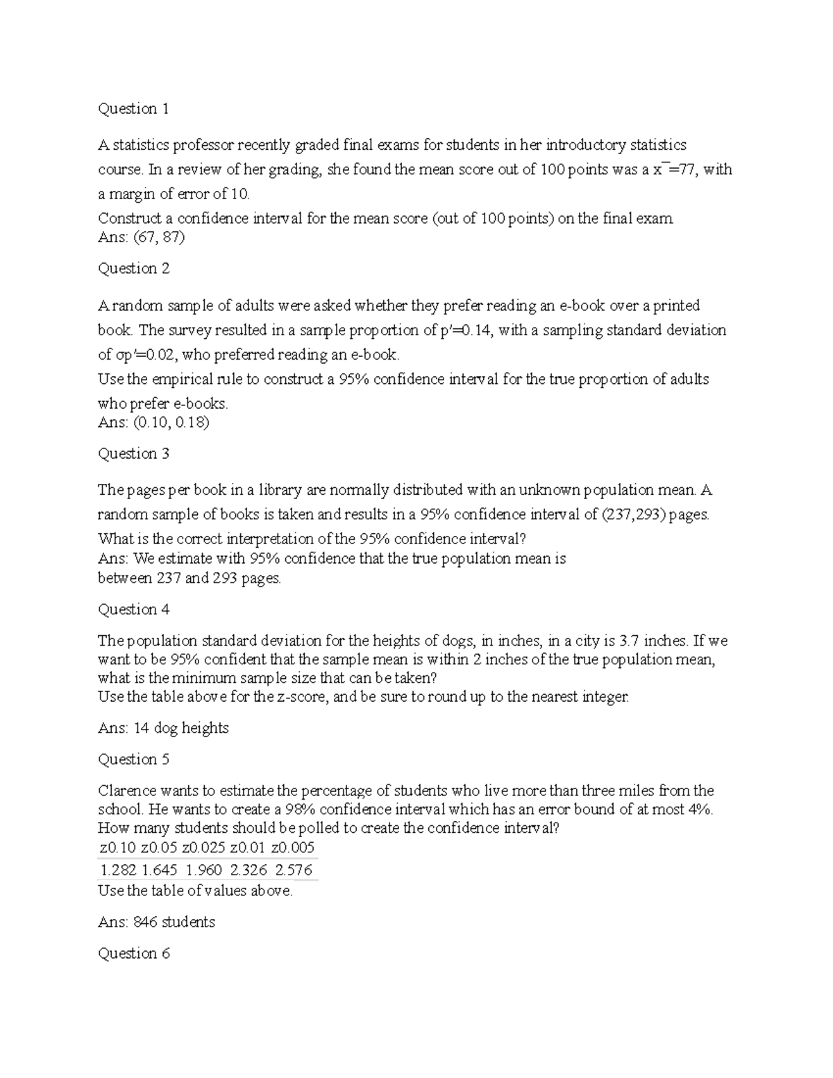 MATH225N Week 6 Quiz Answers - Confidence Intervals & Statistics - Studocu