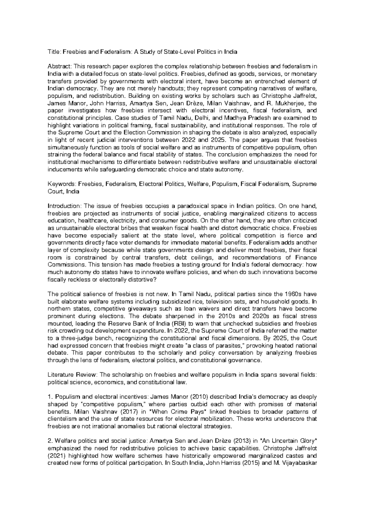 Freebies and Federalism: Analyzing Electoral Politics in India - Studocu