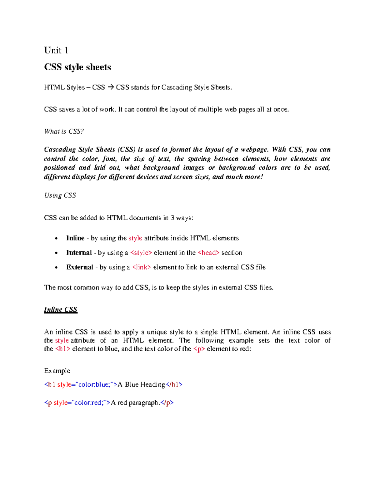 Unit 1 - web engineering unit1 notes - Unit 1 CSS style sheets HTML ...