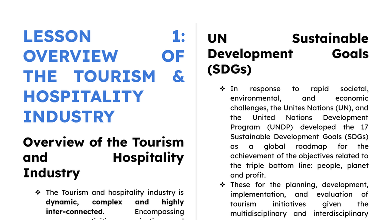 LESSON 1: OVERVIEW OF THE TOURISM & HOSPITALITY INDUSTRY - Studocu