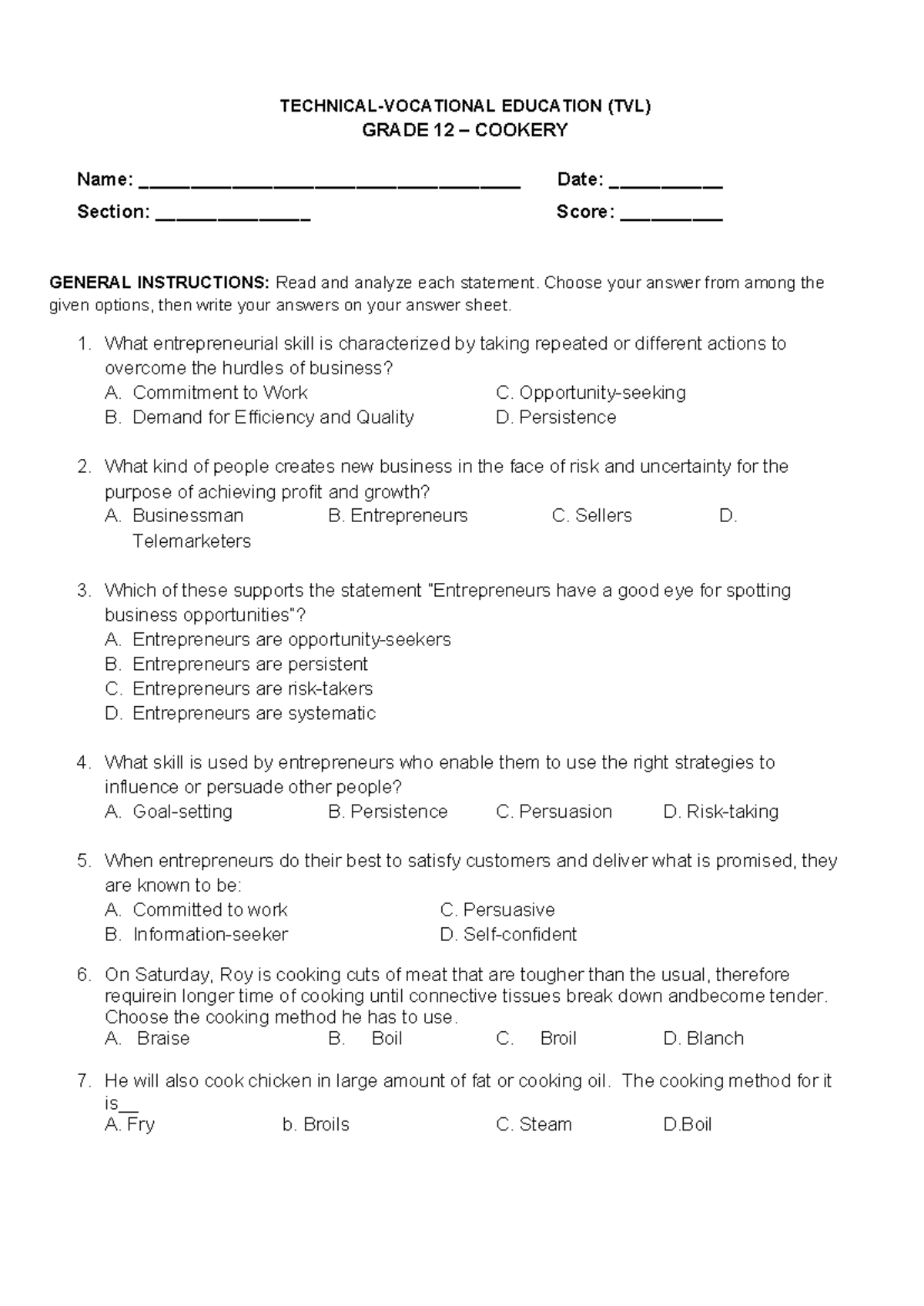 EDUCATION (TVL) GRADE 12 COOKERY 1st Quarter Exam Questions - Studocu
