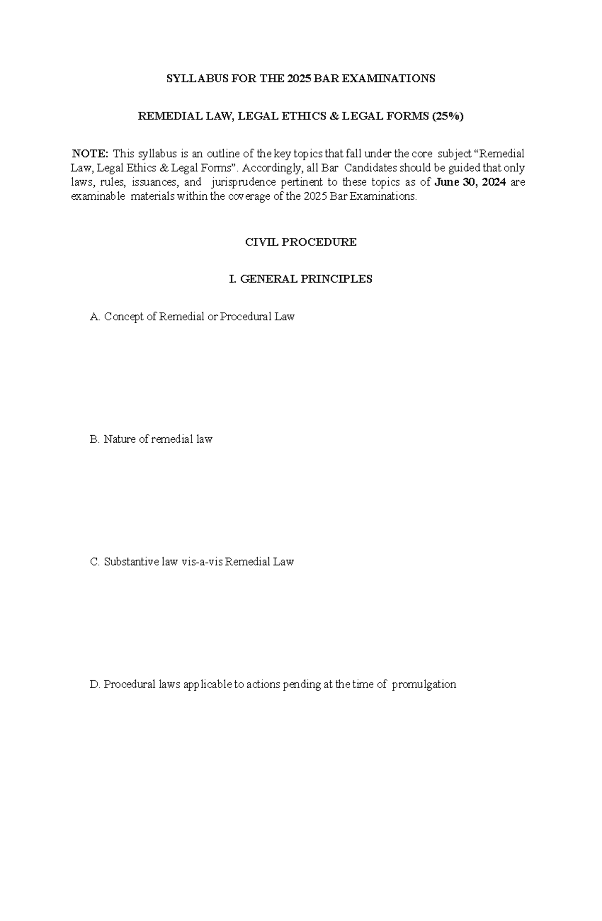 2025 Bar Exam Syllabus: Remedial Law, Legal Ethics & Forms - Studocu