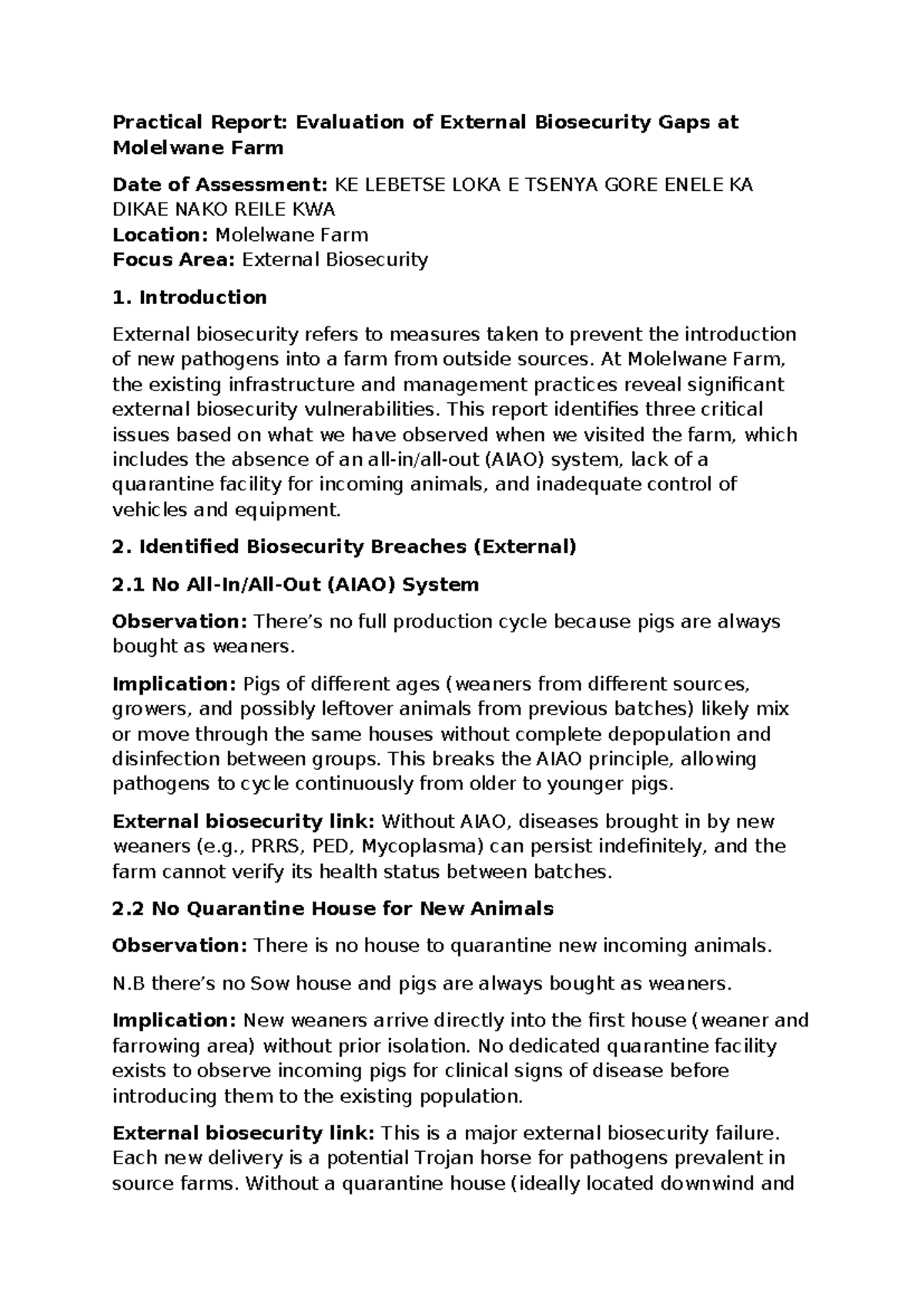 Practical Report: Biosecurity Evaluation at Molelwane Farm (KE 101 ...