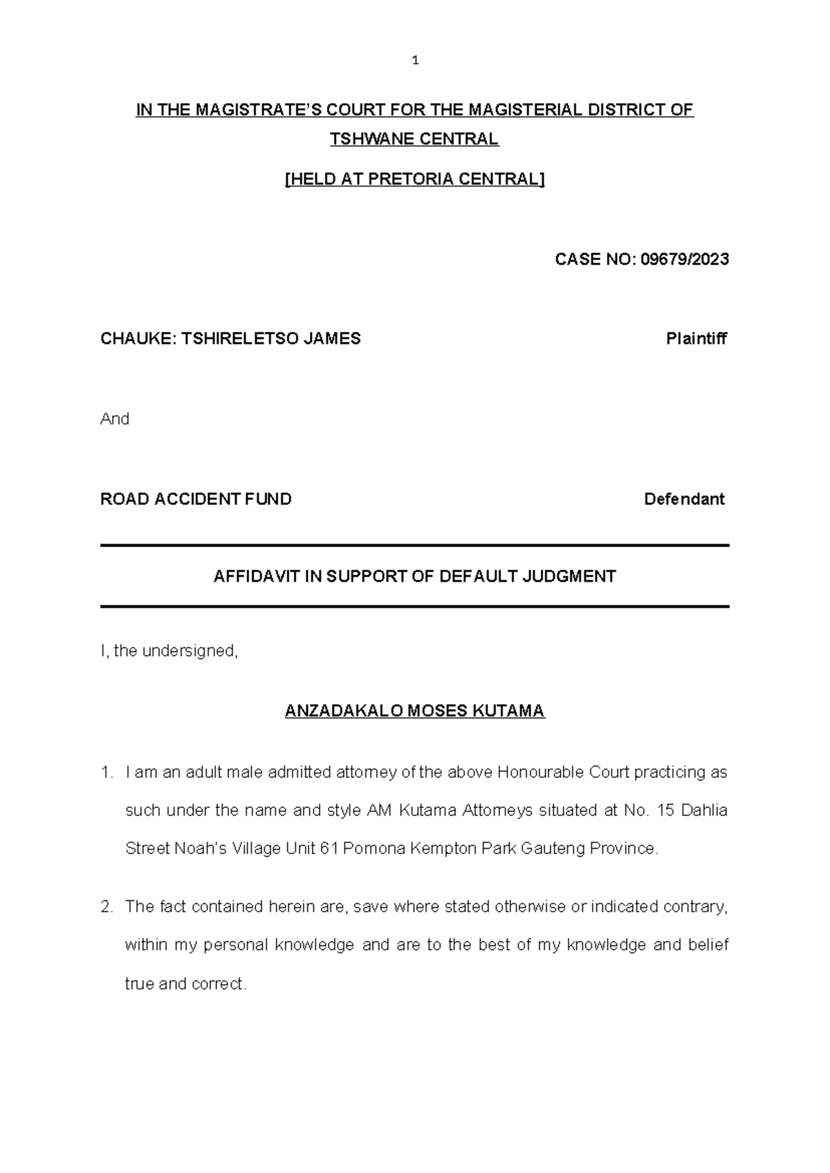 Affidavit for Default Judgment - Case No: 09679/2024 - Studocu