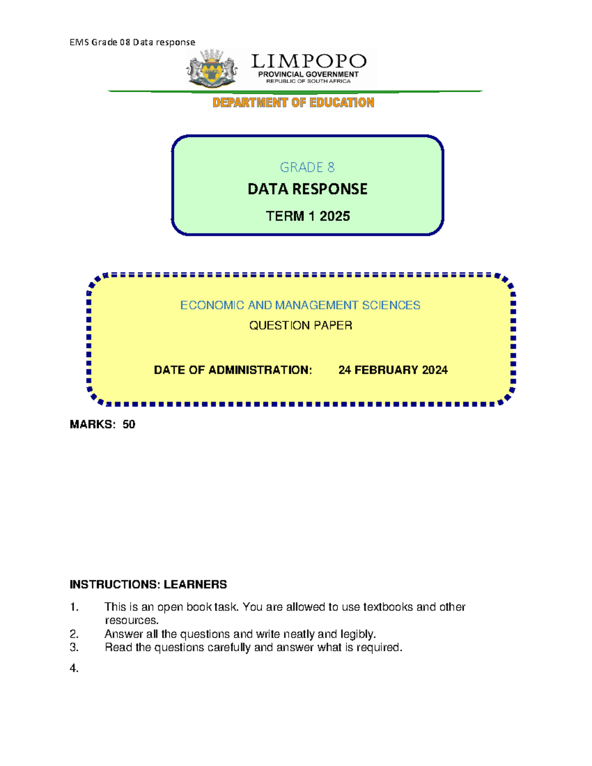 EMS Grade 08 Term 1 Data Response Assignment (2025) - Studocu