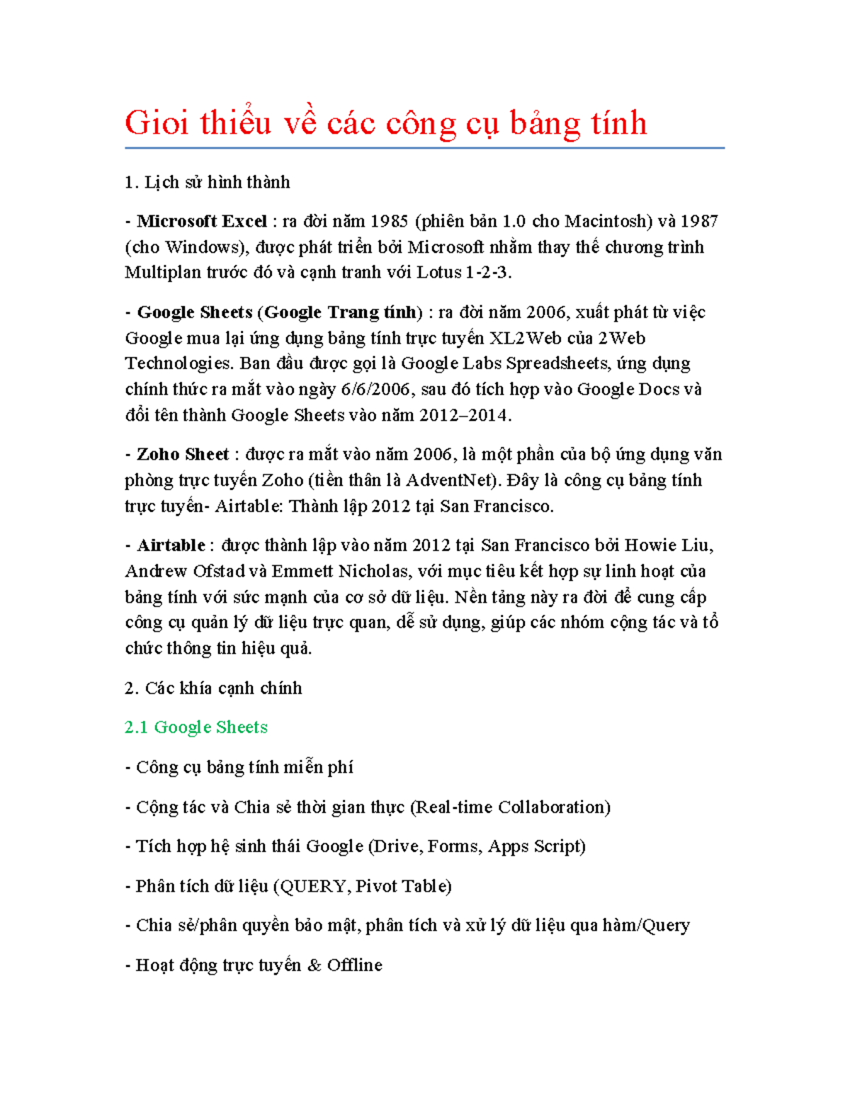 Tổng Quan Về Các Công Cụ Bảng Tính: Excel, Google Sheets, Airtable ...