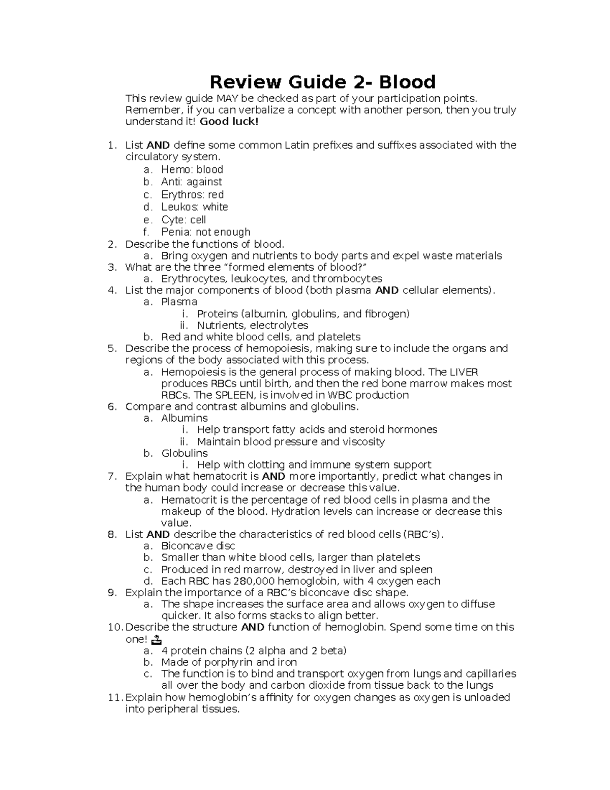 BIO-202 Blood Review Guide: Key Concepts and Functions Explained - Studocu