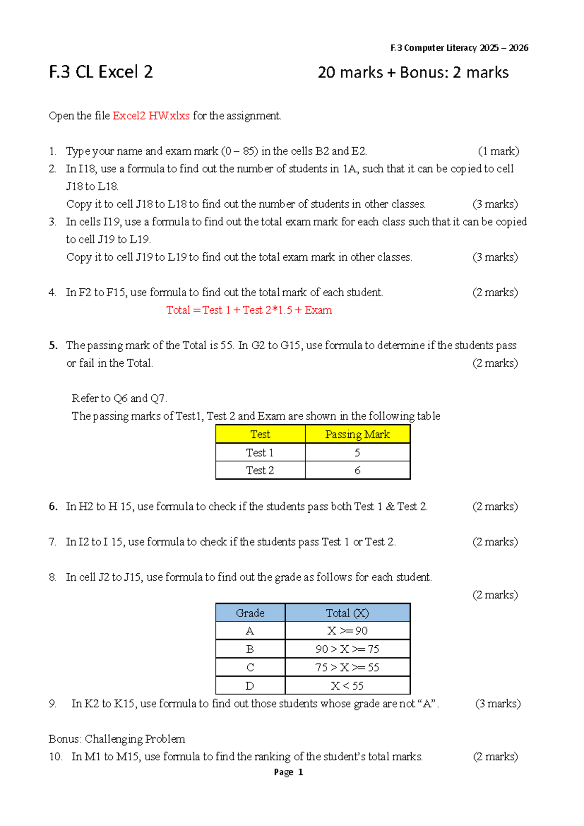 F.3 CL Excel 2 Homework Assignment (20 Marks + Bonus) - Studocu