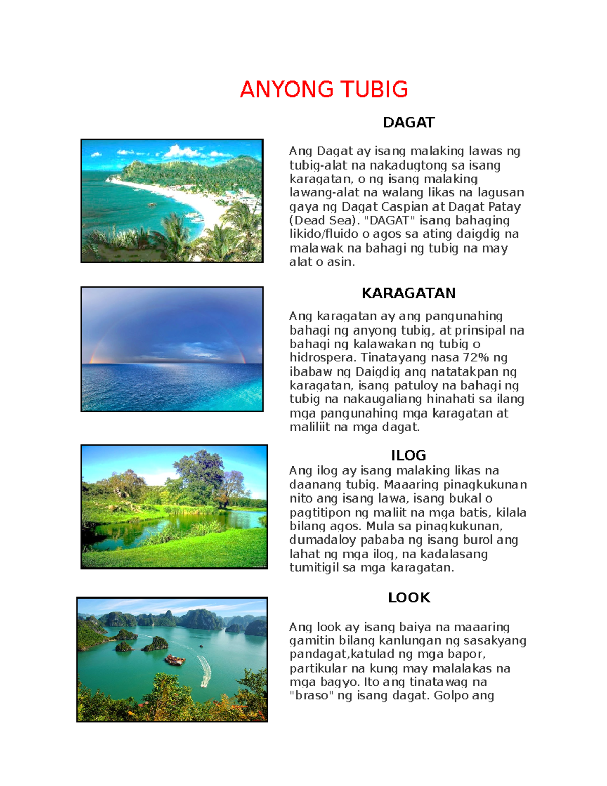 Anyong Tubig: Pag-aaral ng mga Uri at Katangian - Studocu