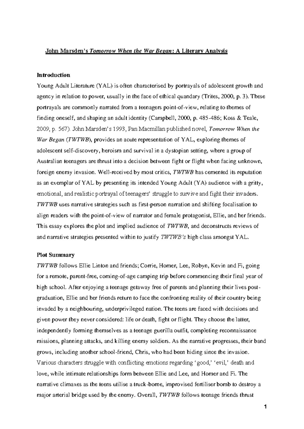EUB152 - Literary Analysis of _Tomorrow When the War Began_ - Studocu