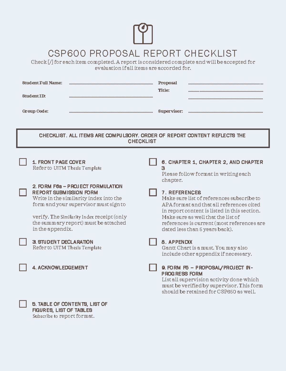 CSP600 Proposal Report Checklist: Essential Items for Completion - Studocu