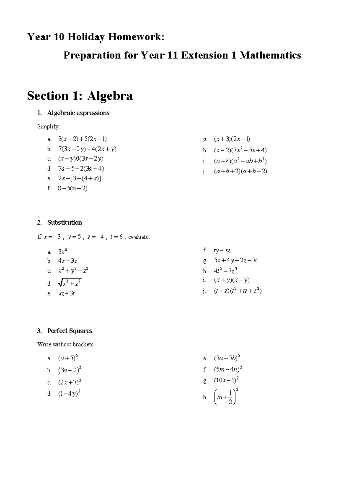 Year 10 Holiday Homework: Prep for Year 11 Ext 1 Maths - Algebra & More ...