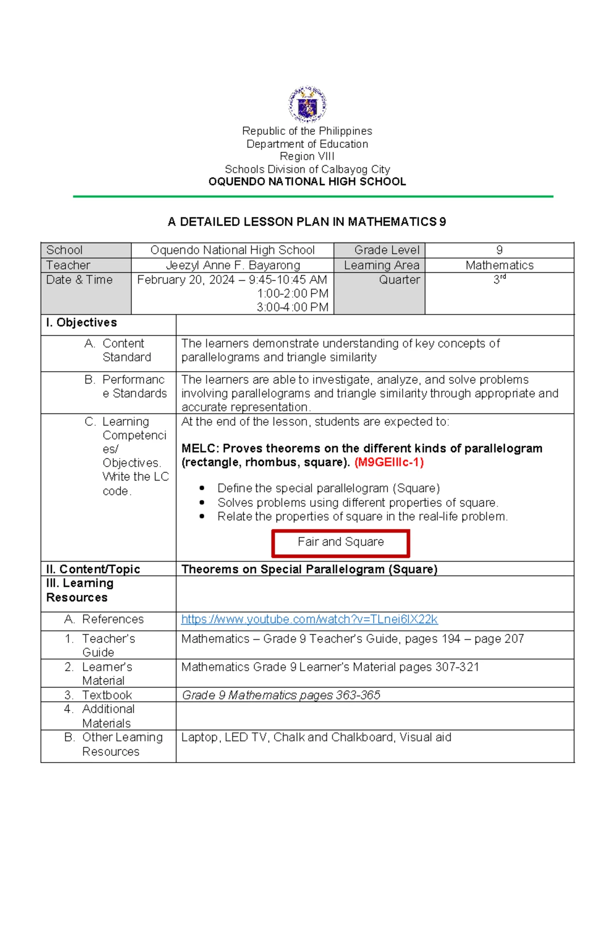 Detailed Lesson Plan on Theorems of Rectangle for Mathematics 9 - Studocu
