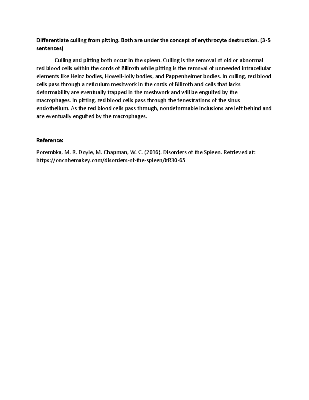 Differentiate culling from pitting Hematology assignment - medical ...
