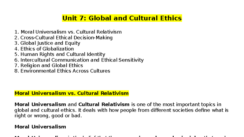 Unit 7: Global and Cultural Ethics - Moral Universalism vs. Cultural Relativism - Studocu