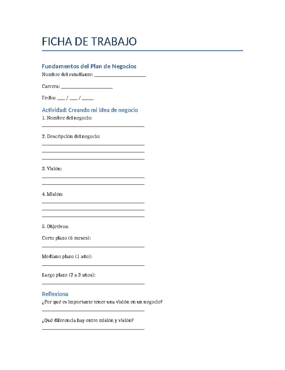 Ficha Trabajo Plan de Negocios clase 1 - FICHA DE TRABAJO Fundamentos ...
