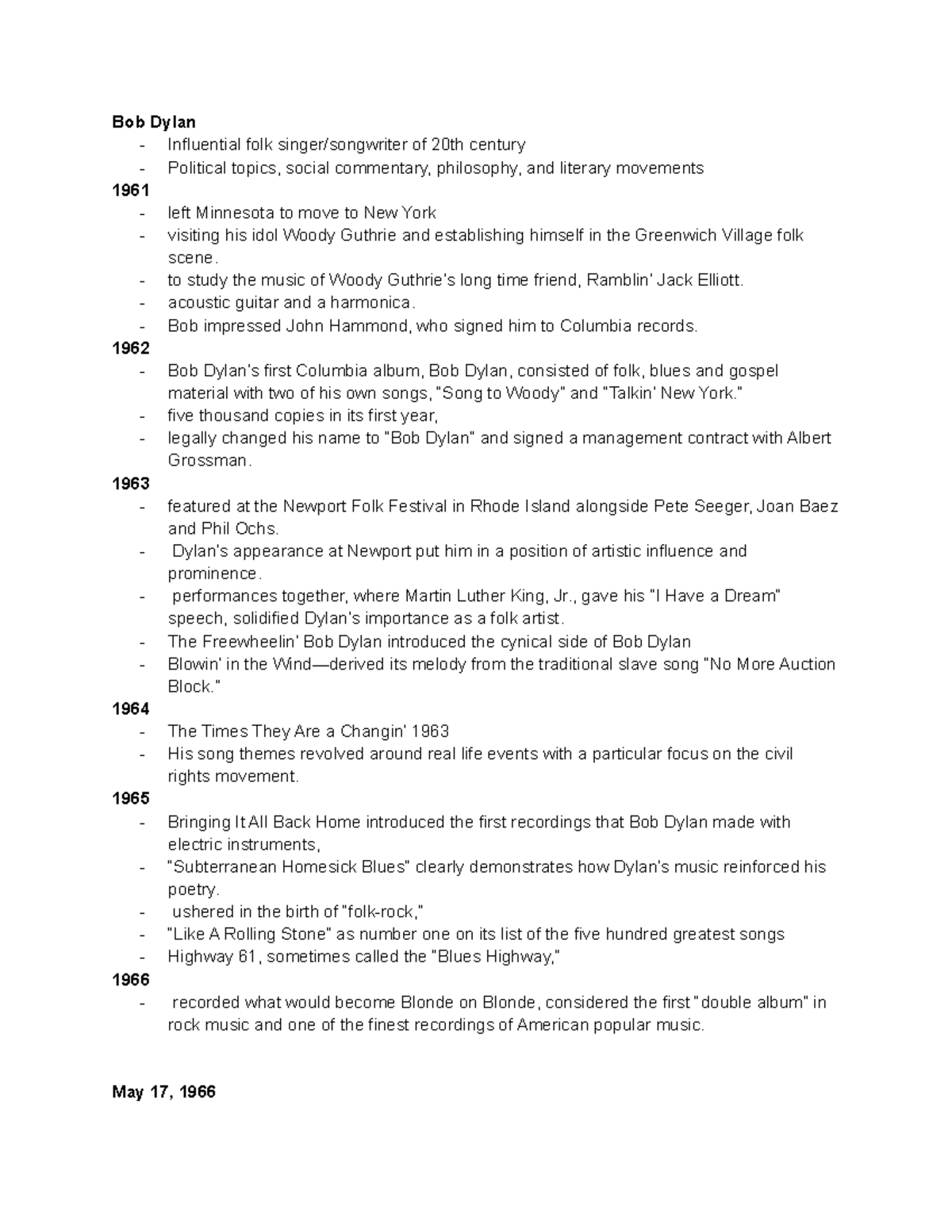 Chapter 9 - Bob Dylan, and his timeline from 1961 to 1978. - Bob Dylan - Influential folk - Studocu