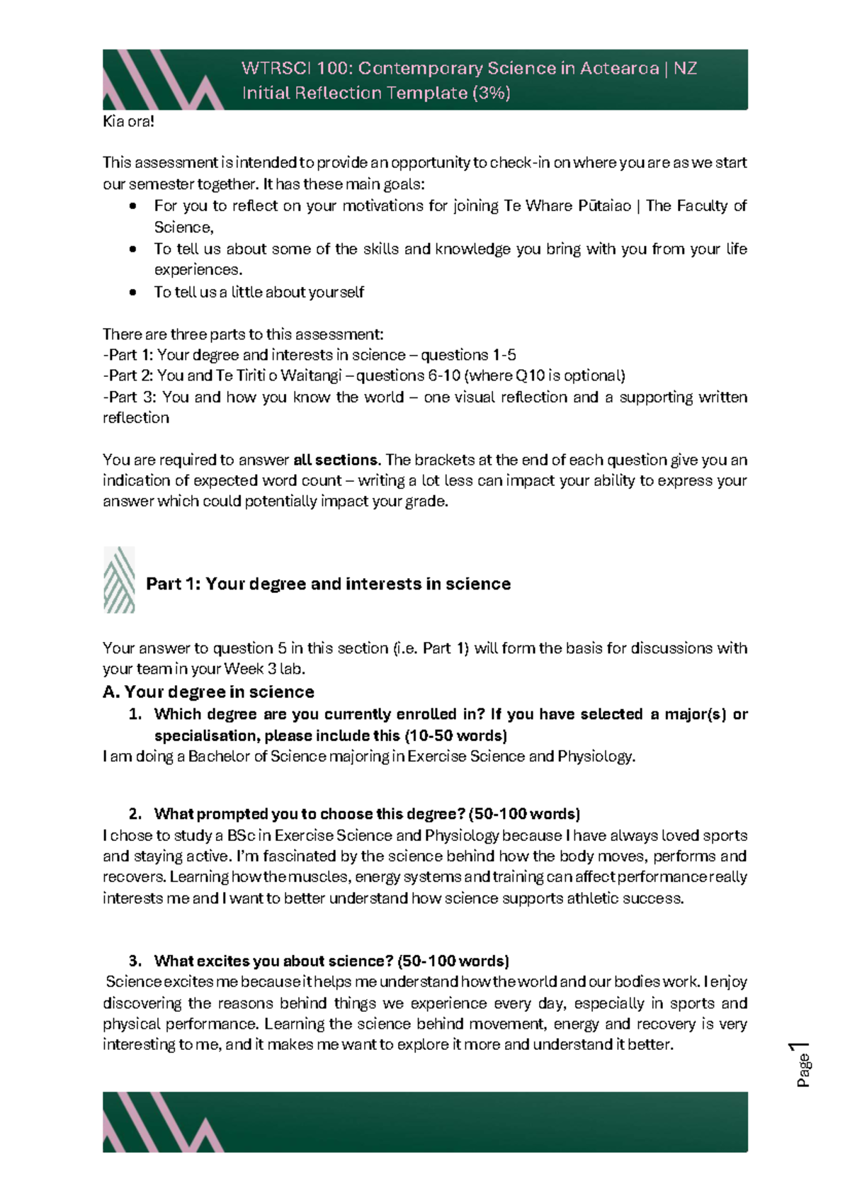 WTRSCI 100: Initial Reflection on Contemporary Science in Aotearoa NZ ...