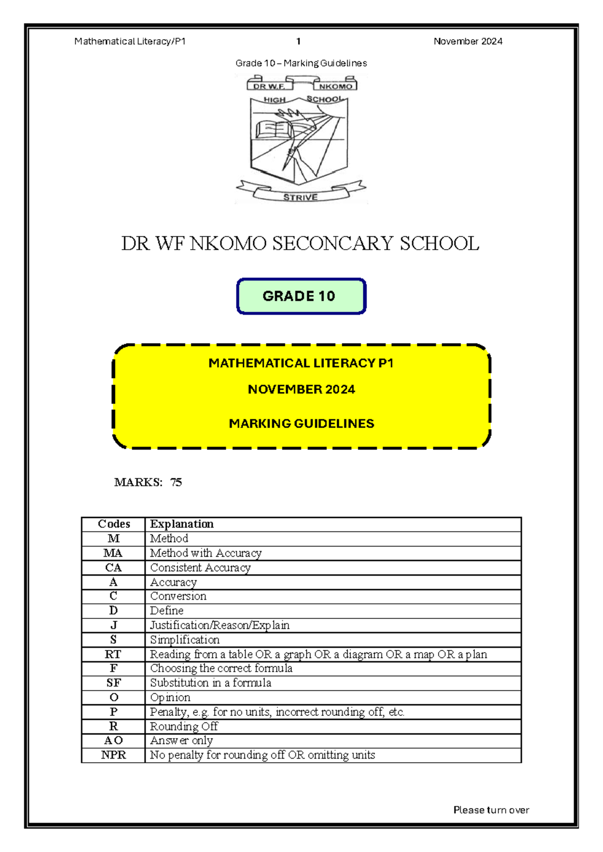 Grade 10 Mathematical Literacy P1 November 2024 Marking Guidelines ...