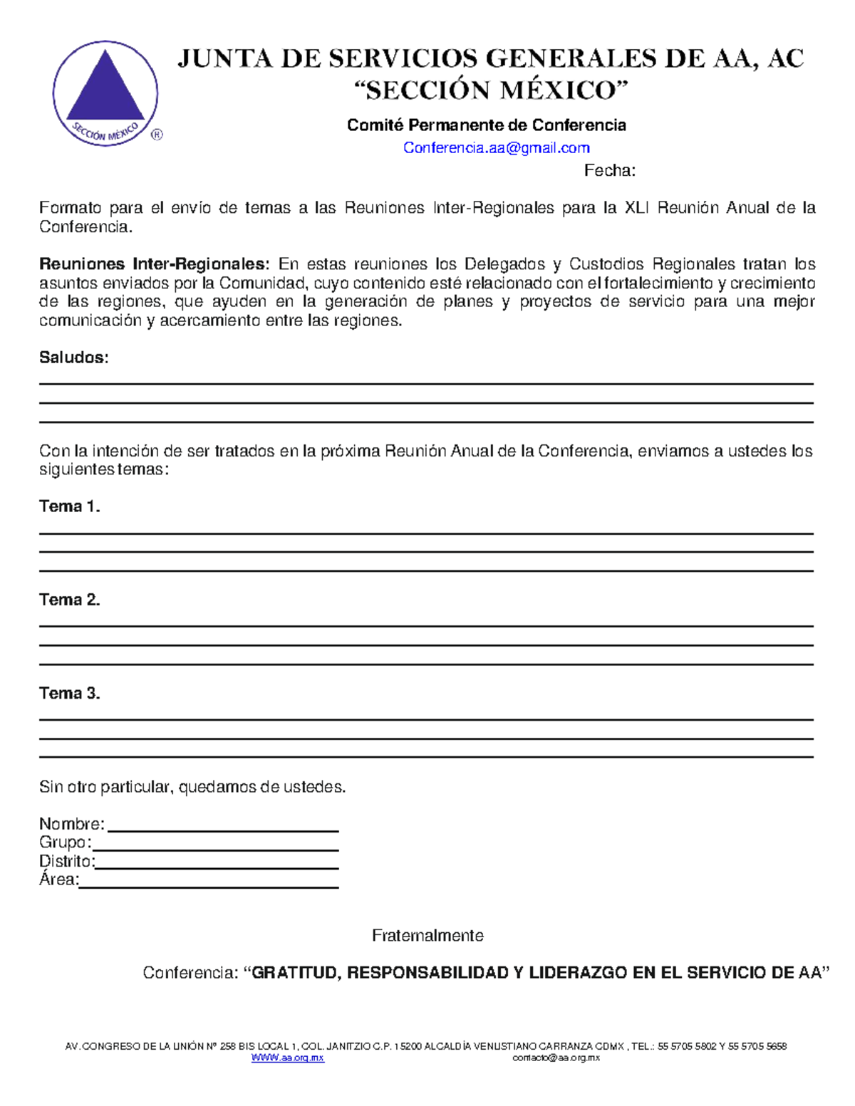 Formato de Envío de Temas para la XLI Reunión Anual de la Conferencia ...
