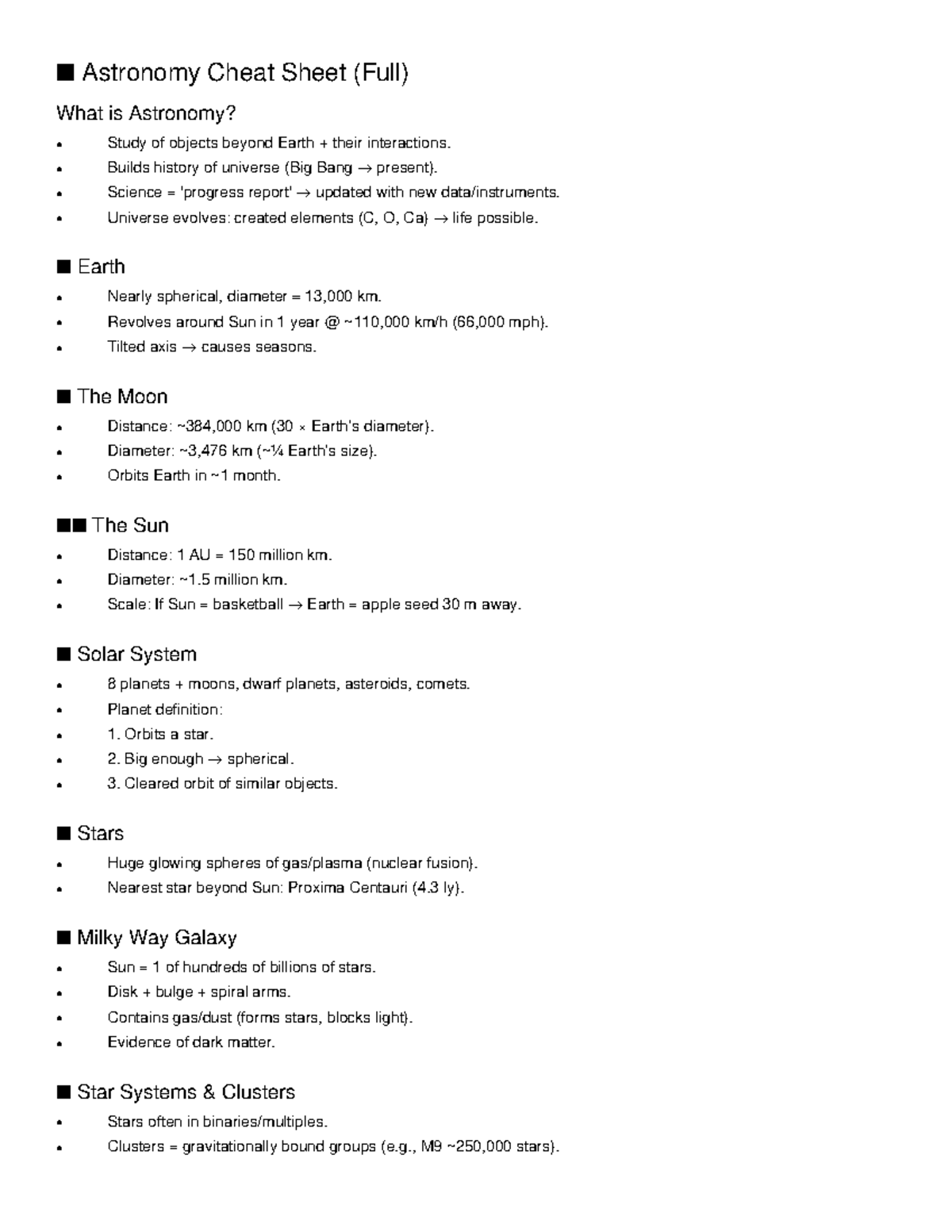 Astronomy Cheat Sheet (AST101) - Key Concepts & Definitions - Studocu